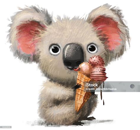 수채화 손으로 그린 귀여운 코알라 캐릭터 와 아이스크림 디저트 와 백색 배경 고립된 통하고 있는 곰에 대한 스톡 벡터 아트 및