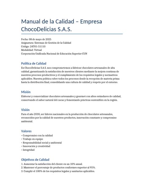 Manual Calidad Completo Chocodelicias Cuadro Pdf Calidad Comercial