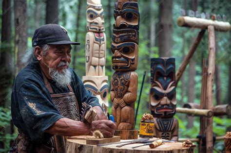 Native American Artist Carving A Totem Pole From Wood Surrounded By