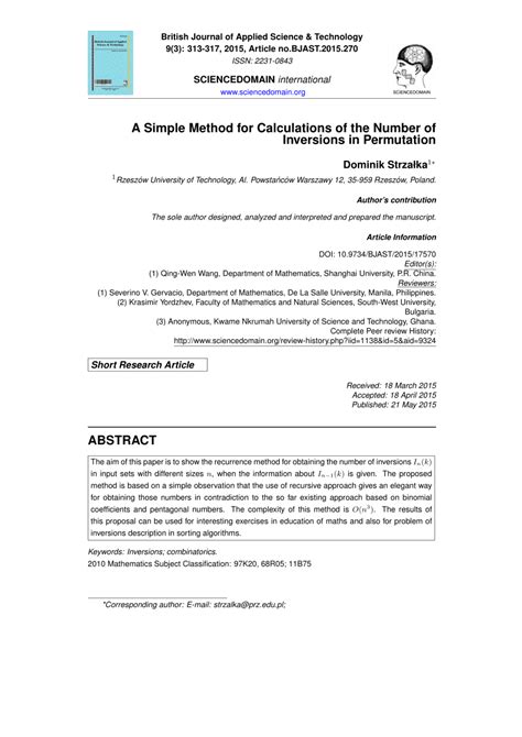 Pdf A Simple Method For Calculations Of The Number Of Inversions In