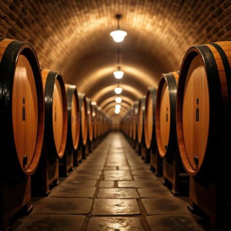 Vintage Wine Cellar Displays Rows Of Wooden Barrels Soft Focus