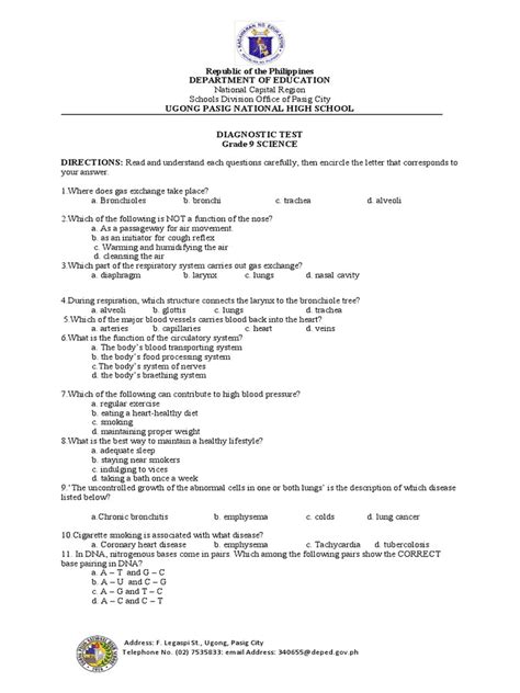 Diagnostic Test Grade 9 Science And G8 Math Pdf Lung