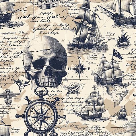A Map Of A Skull And A Ship With A Compass And A Ship On It Premium