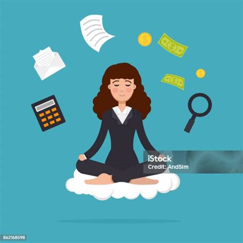 사무실 노동자 명상 로터스 포즈에 앉아입니다 비즈니스 여자 명상과 멀티태스킹 개념입니다 벡터 일러스트입니다 개념에 대한 스톡
