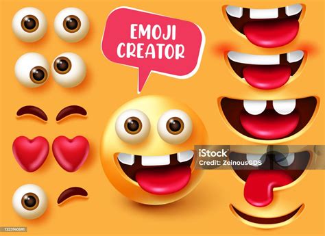 이모티콘 크리에이터 벡터 세트 디자인 이모티콘 3d 는 웃는 이모티콘 컬렉션을위한 눈 치아 및 입 요소와 같은 편집 가능한 키트로 재미있고 행복한 캐릭터 얼굴 표정으로 3d