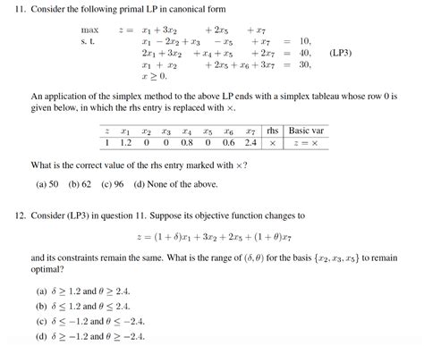Solved 11 Consider The Following Primal Lp In Canonical