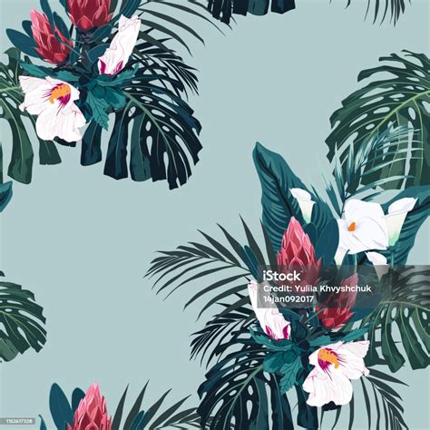 벡터 원활한 트로피컬 패턴 팜 몬스 테라 바나나 잎과 히 비 스커 스 꽃과 함께 생생한 트로픽 단풍 현대 밝은 여름 인쇄 디자인입니다 빈티지 스타일입니다 민트 배경입니다 0