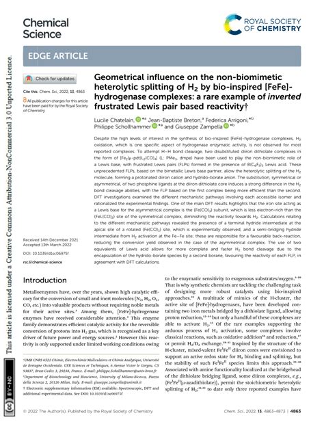 Pdf Geometrical Influence On Non Biomimetic Heterolytic Splitting Of