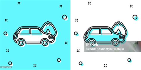 녹색과 흰색 배경에 격리 된 검은 줄 불타는 자동차 아이콘 불에 자동차 화재와 연기로 덮인 깨진 자동차 임의동적 모양 벡터 가능성에 대한 스톡 벡터 아트 및 기타 이미지