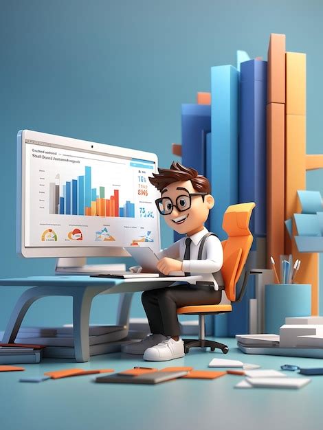 Premium Ai Image 3d Cartoon Character And Computer With Open Pages Web Analytics Seo