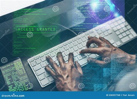 Hands Hacker And Typing On Computer For Crime Data Breach Hologram Or