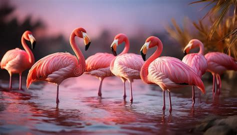Vibrant Pink Flamingos Amidst A Serene Sunset Basking In The Glowing