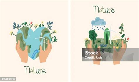 자연을 구하십시오 행성의 생태학 라이프 스타일의 개념 인간을위한 에너지 원으로서의 자연 소셜 포스터 카드 로고 배너에 적합합니다 벡터 그림 공동체에 대한 스톡 벡터 아트 및