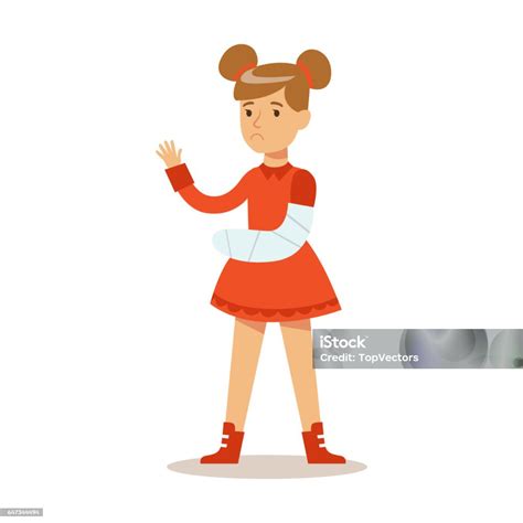 Kranke Kind Mit Gebrochenen Arm Unwohlsein Leiden Unter Verletzungen Die Comicfigur