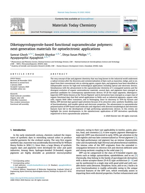Pdf Diketopyrrolopyrrole Based Functional Supramolecular Polymers Next Generation Materials