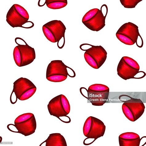 흰색 배경에 뜨거운 음료를위한 레드 티 컵 매끄러운 패턴 수채화 일러스트레이션 설거지 직물 메뉴 디자인 카페에 인쇄 개념에 대한 스톡 벡터 아트 및 기타 이미지 Istock