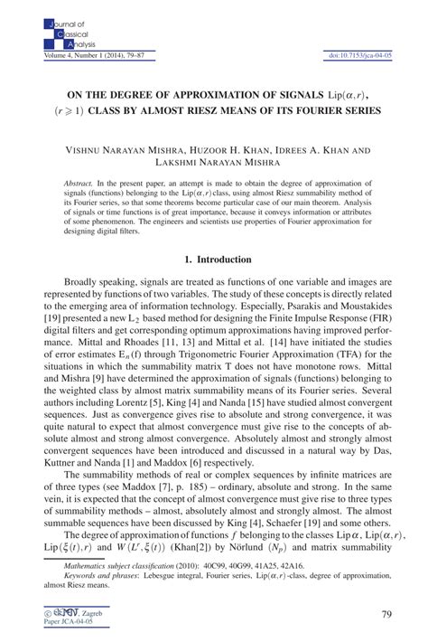 PDF On the degree of approximation of signals Lip α r r class by almost Riesz means of