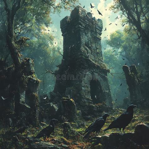 Ancient Stone Tower Overgrown With Foliage And Crows Stock Illustration