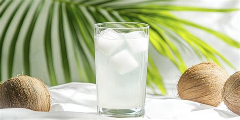 흰색 배경에 코코넛과 야자잎으로 둘러싸인 테이블 위에 코코넛 물 한 잔 유리 코코넛 물 배경 일러스트 및 사진 무료 다운로드 Pngtree