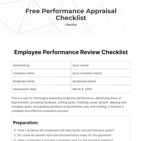 Free Performance Appraisal Checklist Template To Edit Online