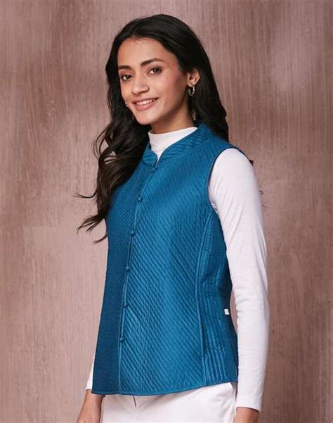 Buy Turquoise Viscose Silk Quilted Reversible Jacket For Women Online