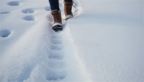 Person Walking Through Fresh Snow Leaving Boot Prints Behind In Winter