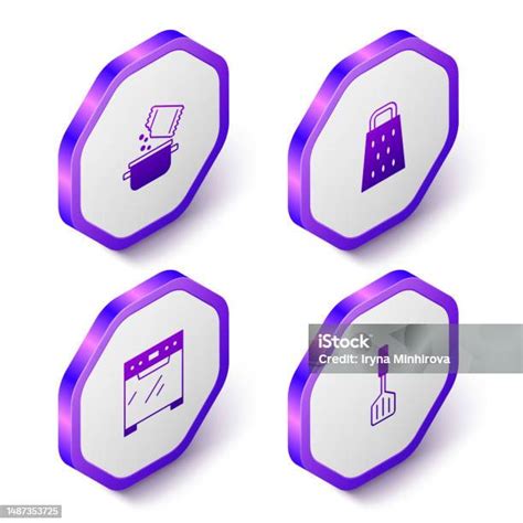 아이소메트릭 요리 냄비와 향신료 강판 오븐 및 주걱 아이콘을 설정합니다 보라색 육각형 버튼 벡터 3차원 형태에 대한 스톡 벡터 아트 및 기타 이미지 Istock