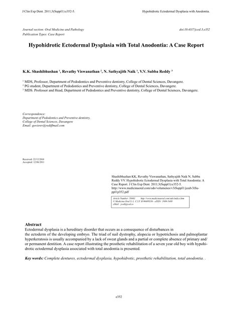 Pdf Hypohidrotic Ectodermal Dysplasia With Total Anodontia A Case Report