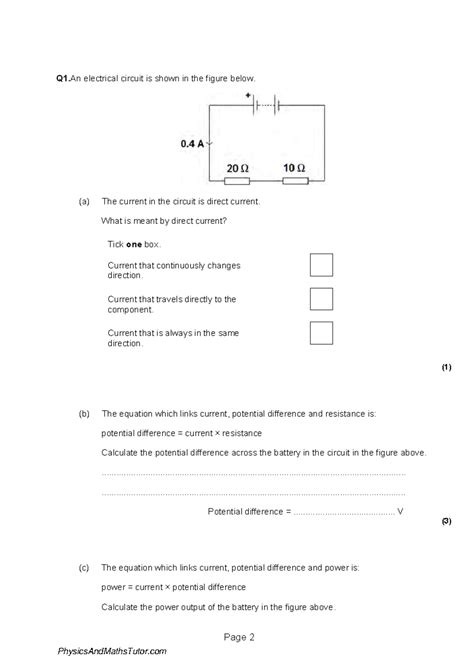 Current Potential Difference And Resistance 1 Qp Page 2 Q1 Electrical Circuit Is Shown In The
