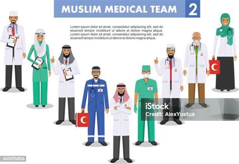 의료 개념입니다 회교도 아라비아 의사와 간호사 플랫 스타일 흰색 배경에 고립의 상세한 그림 개업 아랍어 의사 남자 그리고 여자