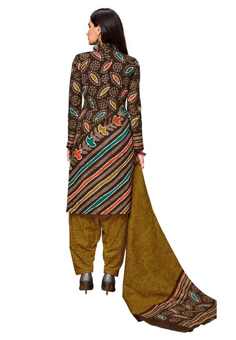 Womens Brown And Gold Cotton Printed Readymade Salwar Suit Set Om