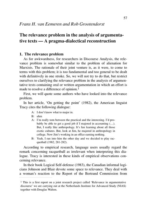 Pdf The Relevance Problem In The Analysis Of Argumentative Texts A Pragma Dialectical