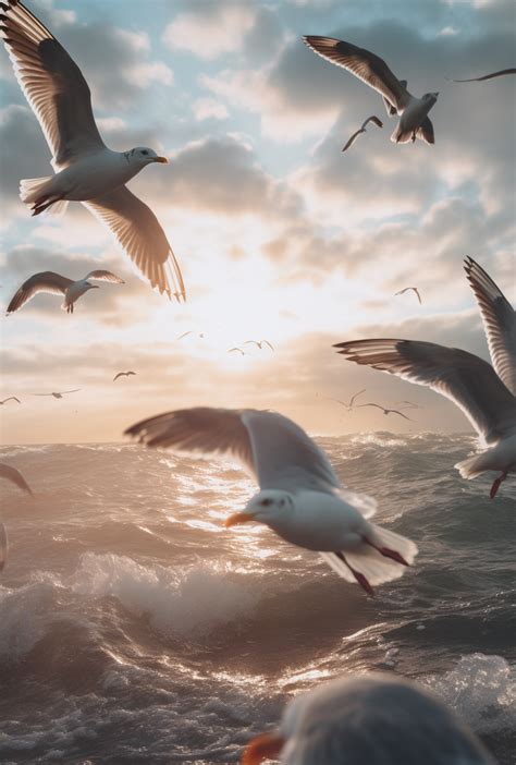 Seagulls At Sunrise Over The Turbulent Sea Photo On Lummi