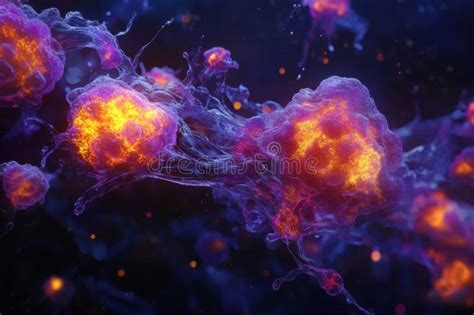 Glowing Edges Of Cancer Cells Captured In Vibrant Detail Under A Microscope View At A Cellular