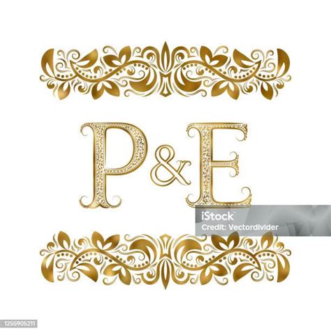 P 와 E 빈티지 이스이셜 기호 문자는 장식 요소로 둘러싸여 있습니다 결혼식 또는 비즈니스 파트너 로얄 스타일의 모노그램 알파벳 E에 대한 스톡 벡터 아트 및 기타 이미지