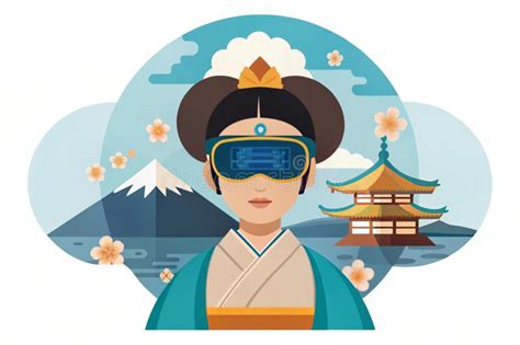 Classical Japanese Girl Wear Vr Technology In Her Eyes Illustrations Stock Illustration