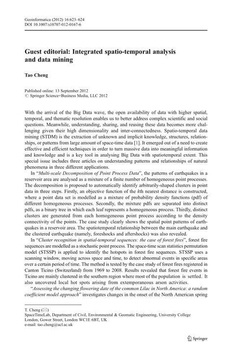 Pdf Guest Editorial Integrated Spatio Temporal Analysis And Data Mining