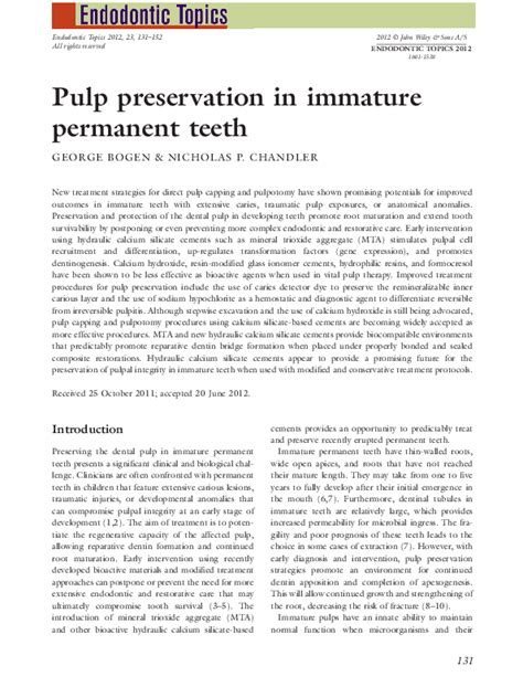 Pdf Pulp Preservation In Immature Permanent Teeth