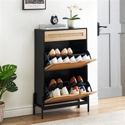 Wizmax Rattan Entryway Shoe Cabinet Shoe Storage Organizer With Hidden