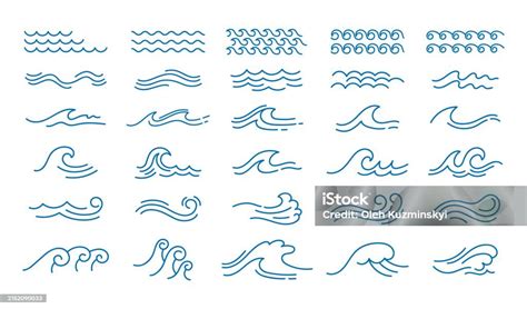 라인 물결 바다 흐르는 파도 아이콘입니다 장식 윤곽선 곱슬 곱슬 한 소용돌이 치는 강 액체 지그재그 수평 바다와 바다 물 요소 고립 백색 배경 벡터 세트 0명에 대한 스톡