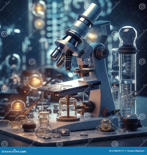 Modern Microscopes On Table In Lab Setting Central Microscope With