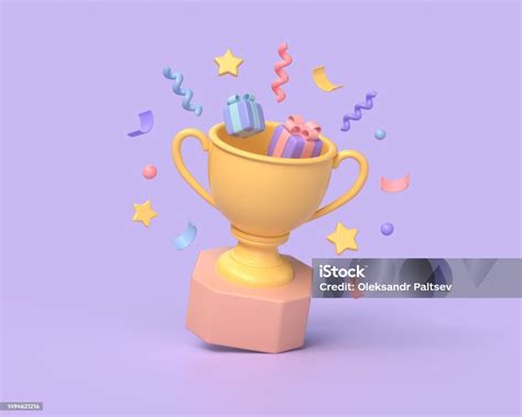 3d 트로피 또는 챔피언 컵에는 선물 상자와 색종이 조각이 들어 있습니다 승리 축하 개념입니다 보라색 배경에 3d 렌더링 그림입니다 3차원 형태에 대한 스톡 사진 및 기타