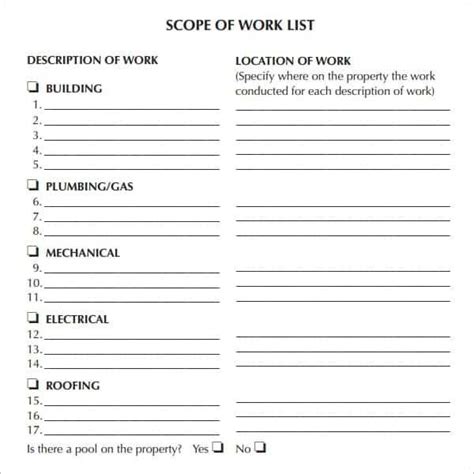 Scope Of Work Excel Template