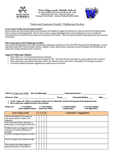 Walkthrough Checklist Form Pdf Classroom Teachers