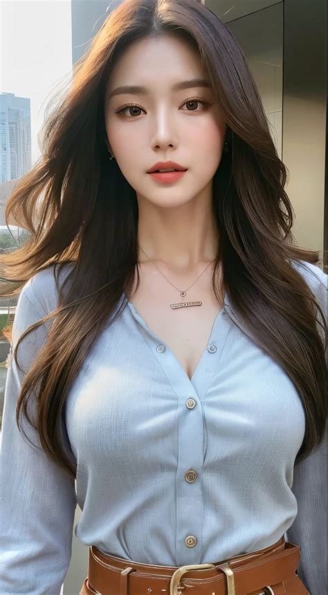 긴 머리를 하고 파란색 셔츠와 갈색 벨트를 착용한 여성 Seaart Ai