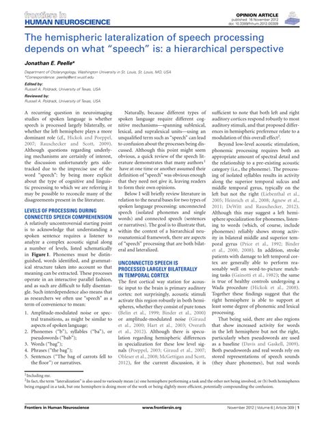 Pdf The Hemispheric Lateralization Of Speech Processing Depends On What “speech” Is A