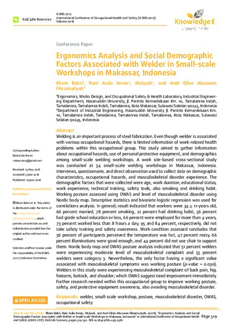 Pdf Ergonomics Analysis And Social Demographic Factors Associated With Welder In Small Scale