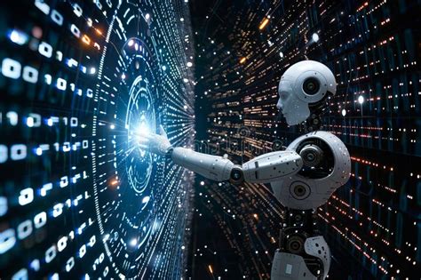 futuristic robot interacting with digital interface against a backdrop