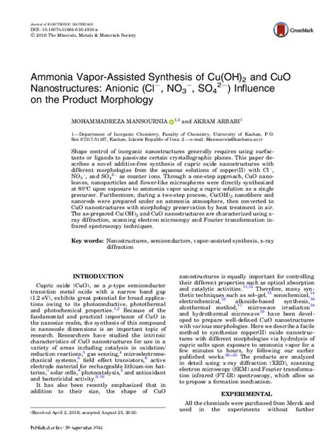 Pdf Ammonia Vapor Assisted Synthesis Of Cuoh2 And Cuo Nanostructures Anionic Cl− No3 −