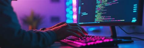 A Software Developer Working In A Neonlit Room Typing On A Mechanical Keyboard With A Monitor
